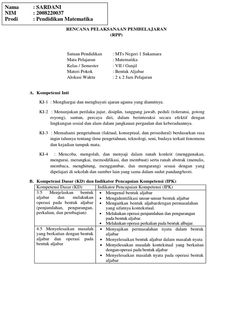 RPP Problem Based Learning Matematika | PDF | Metode & Bahan Ajar