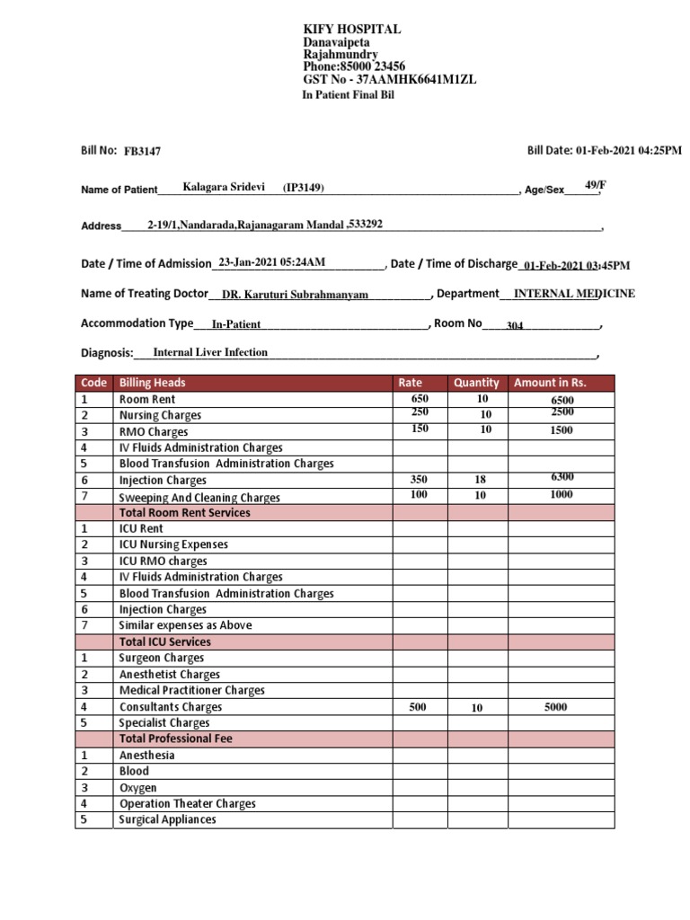 Hospital Bill Format PDF Surgery Intravenous Therapy