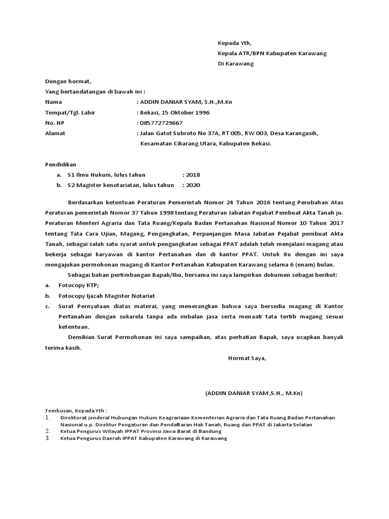 Surat Pernyataan Magang BPN | PDF