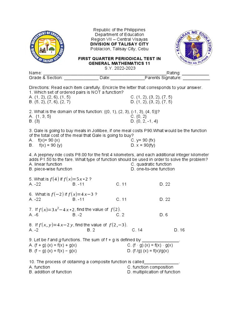 Gen Math Periodical Exam | Download Free PDF | Function (Mathematics) | Equations