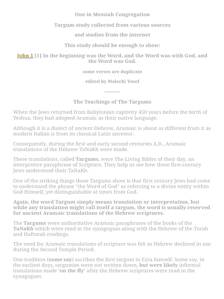 Targums-Memra - John 1 - 1 in The Beginning Was The Word, The Word Was With God, The Word Was ...