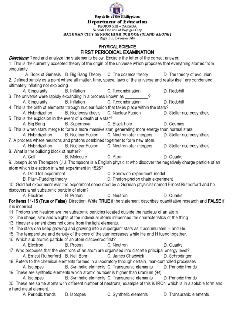 Bayugan City Senior High Physical Science Exam | PDF | Chemical Bond ...