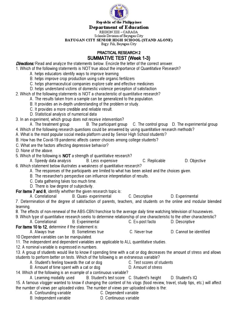 Summative Test PR2 (Week 1-3) | PDF | Experiment | Quantitative Research