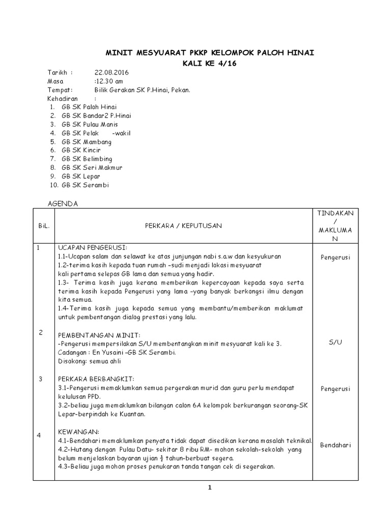 Minit Mesyuarat PKKP KPH Kali 03-16 SKPH | PDF