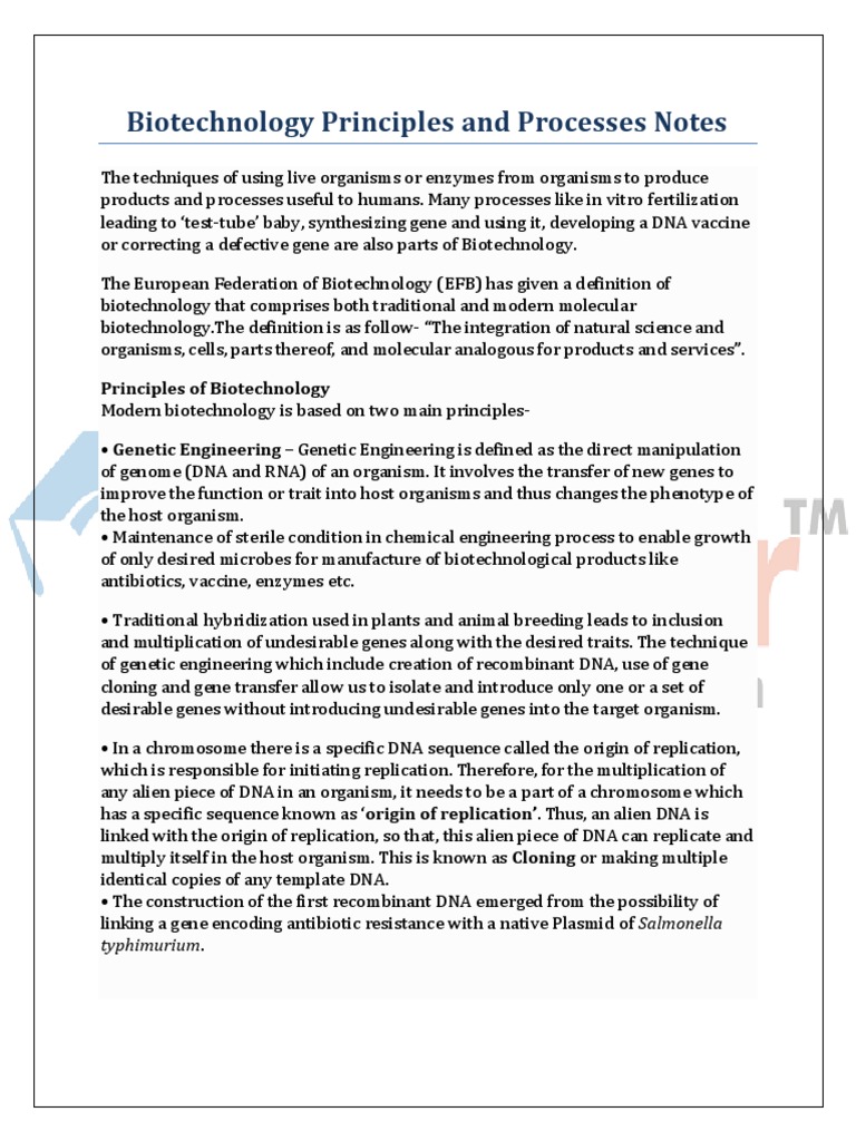 Biotechnology Principles and Processes Notes | PDF | Molecular Cloning ...
