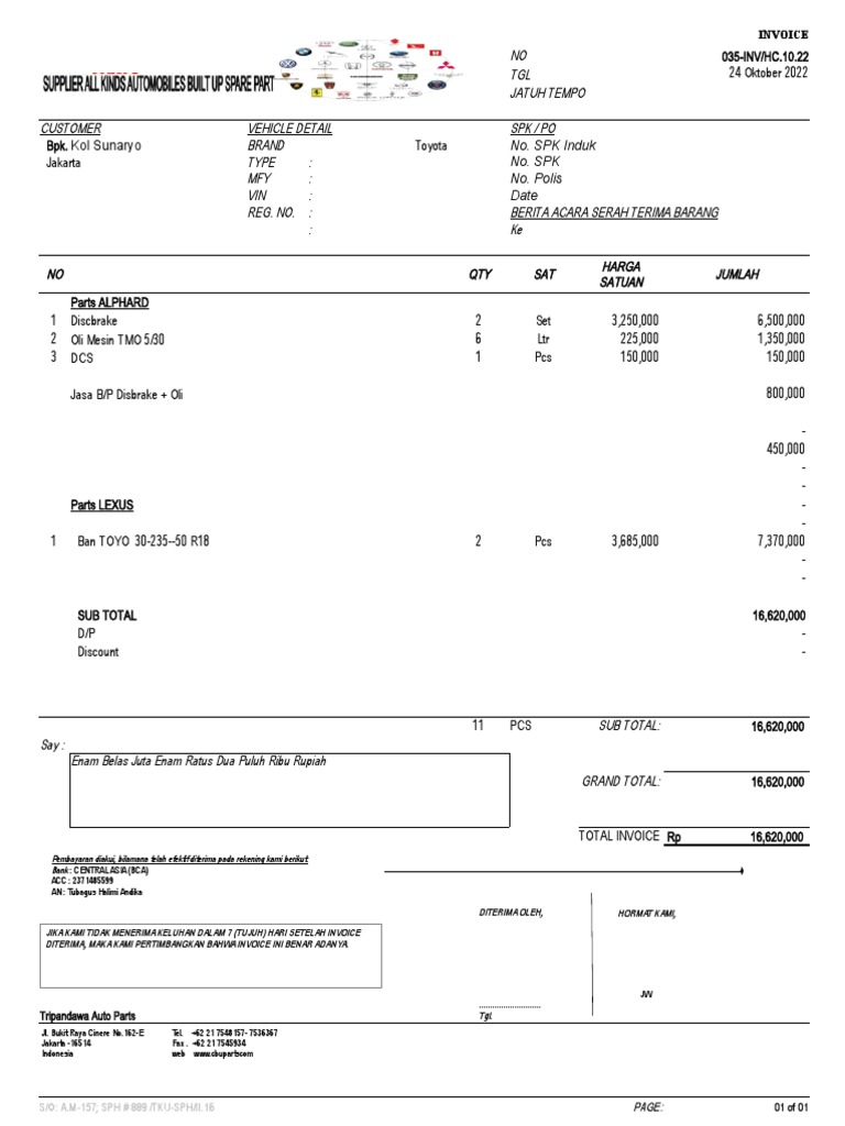 Invoice Parts Mobil Toyota dan Lexus | PDF