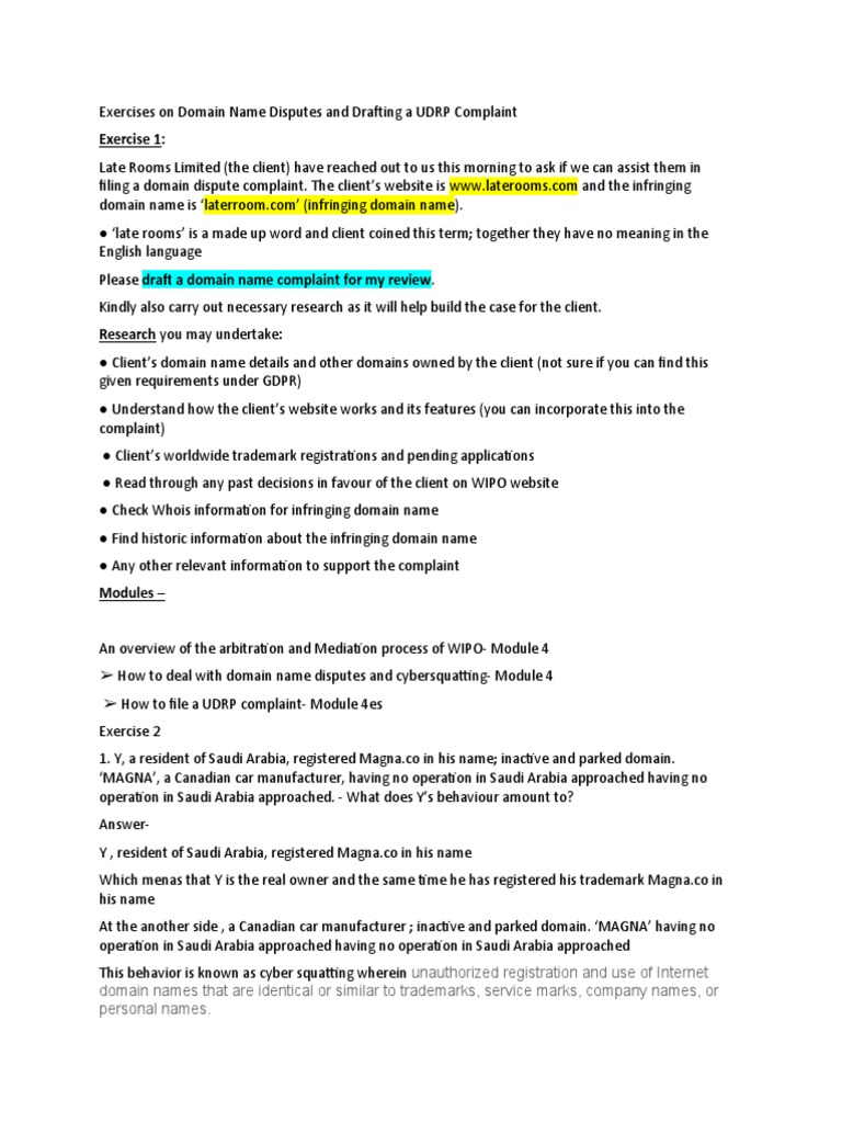 Exercises On Domain Name Disputes And Drafting A Udrp Complaint Pdf
