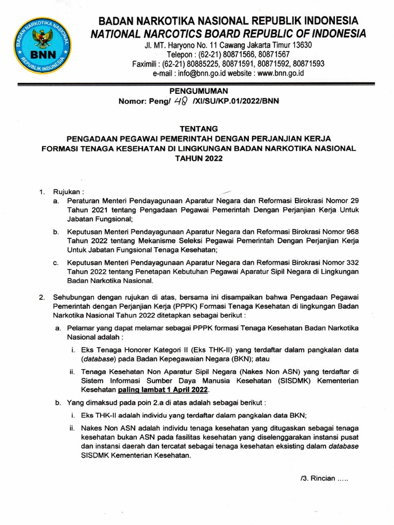 Pengumuman - Nakes P3K - BNN | PDF