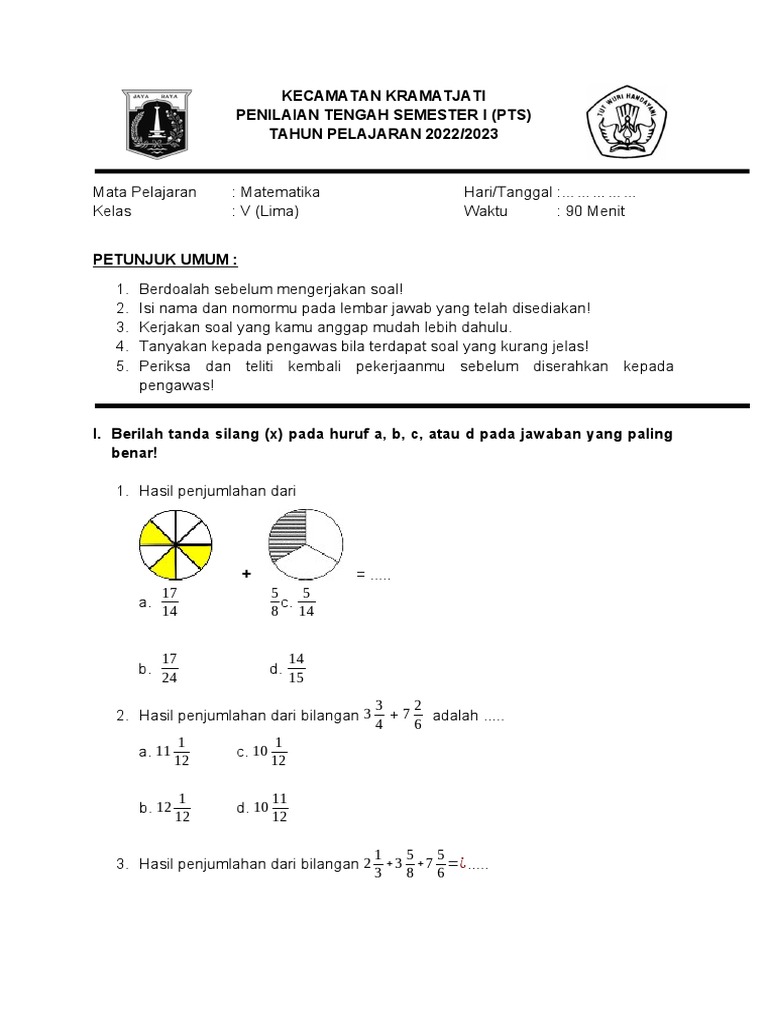Soal & Kunci Jawaban PTS MTK SMT 1 2022:2023 | PDF