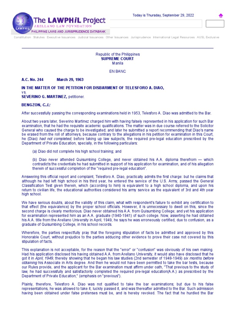 DIAO VS MARTINEZ A.C. No. 244 | PDF | Lawyer | Justice