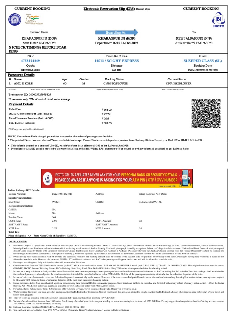 SC Ghy Express Sleeper Class (SL) : Current Booking Electronic ...