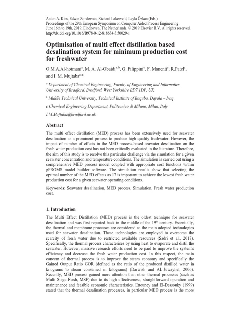Optimisation of Multi Effect Distillation Based Desalination System For Minimum Production Cost ...