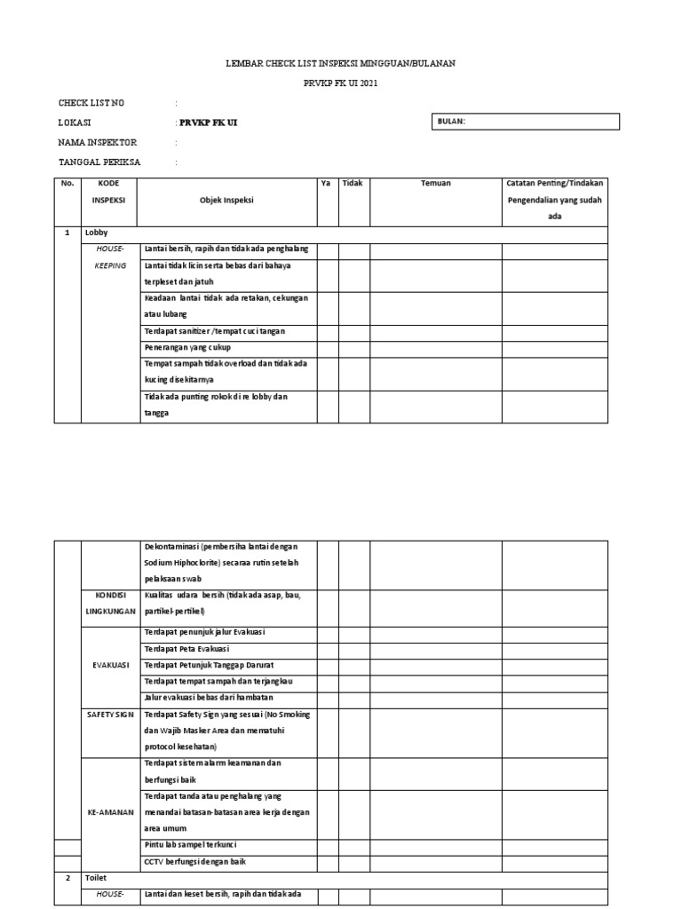 (20.08.21) Lembar Inspeksi Ruangan PRVKP FK-UI | PDF