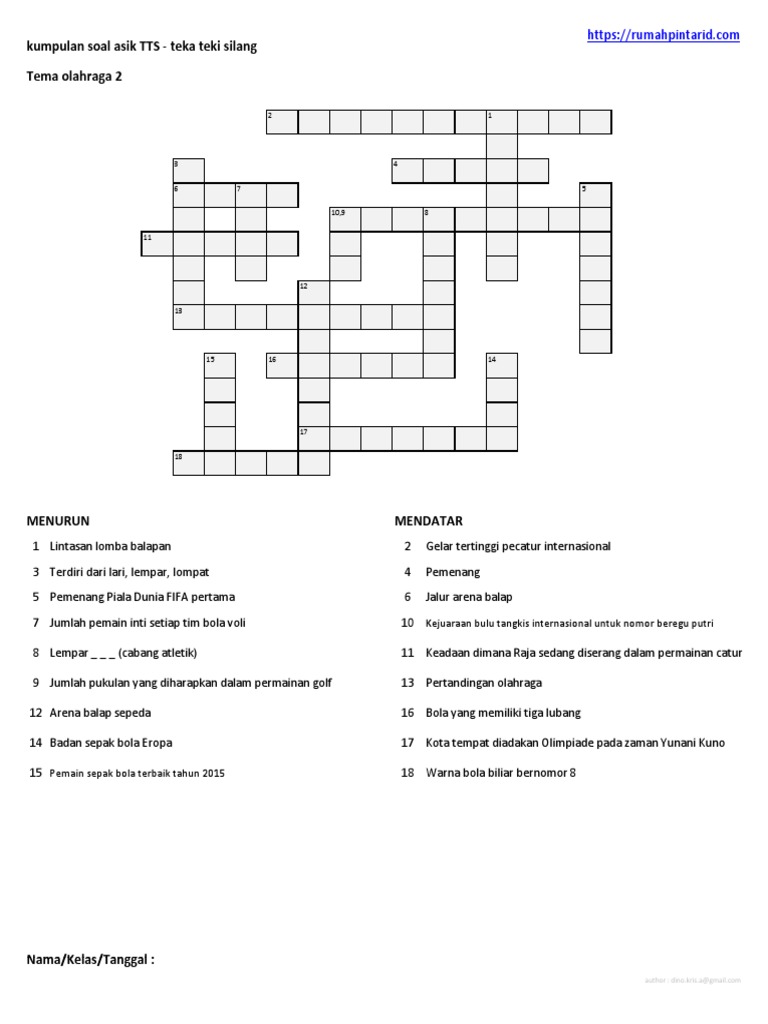 Teka Teki Silang Dan Jawaban Tema Olahraga 2 | PDF