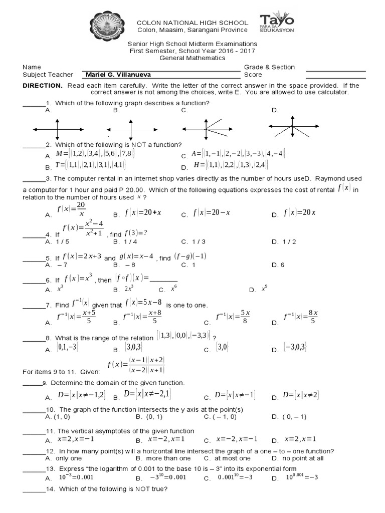 COLON HIGH SCHOOL MIDTERM EXAM | PDF | Logarithm | Function (Mathematics)
