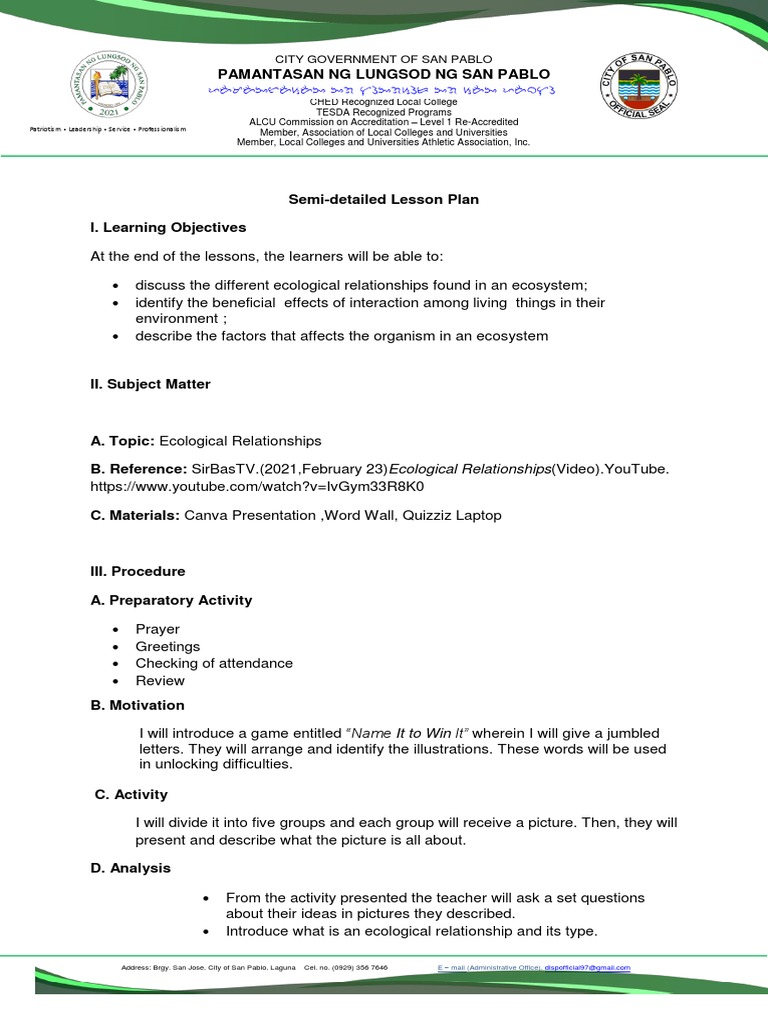 Semi Detailed LP Ecological Relationship | PDF | Change | Learning