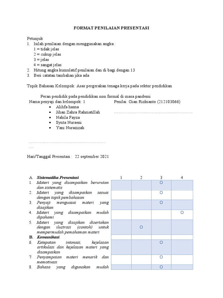 Format Penilaian Presentasi-2 | PDF