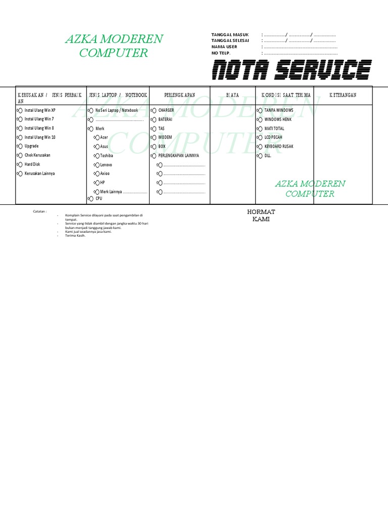 Nota Servis Komputer | PDF