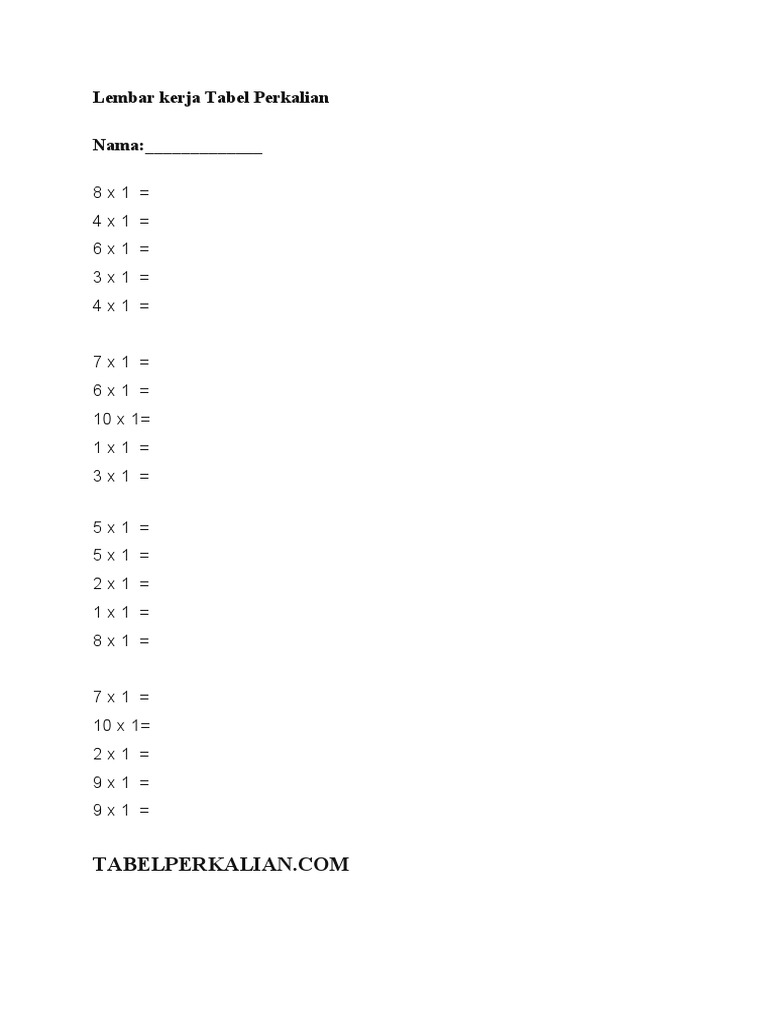 Lembar Kerja Tabel Perkalian | PDF
