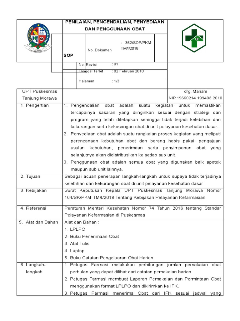 '18 8.2.1.1 Sop Penilaian, Pengendalian, Penyediaan Dan Penggunaan Obat | PDF