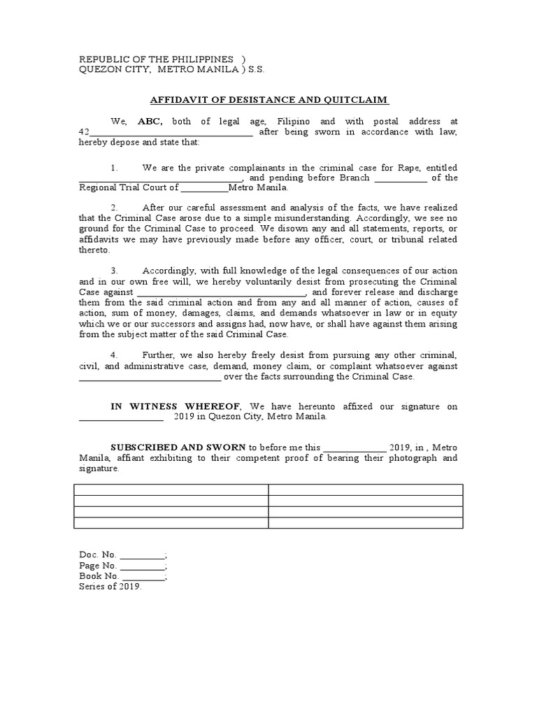 Affidavit of Desistance - Sample | PDF