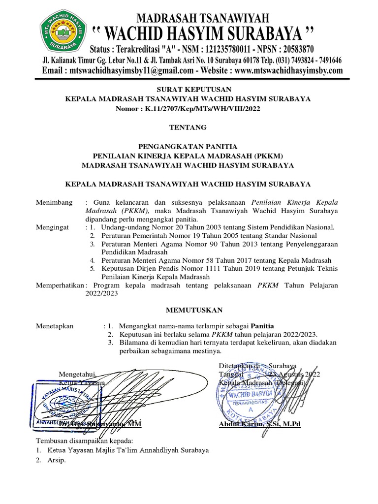 SK Panitia PKKM Tahun Pelajaran 2022-2023 | PDF
