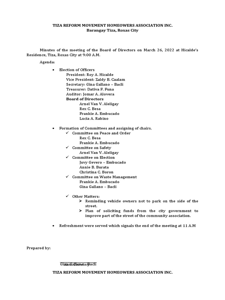 Tiza Homeowners Association Meeting Minutes | PDF | Governance | Government