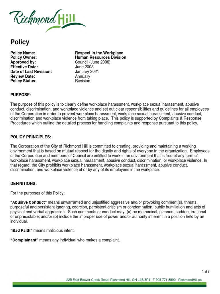 Respect in The Workplace Policy Updated January 2021 | PDF | Sexual ...