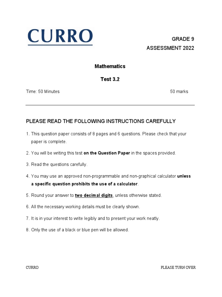 9 - DigitalMaths Paper Based Test 3.2 Question Paper | PDF | Mathematics