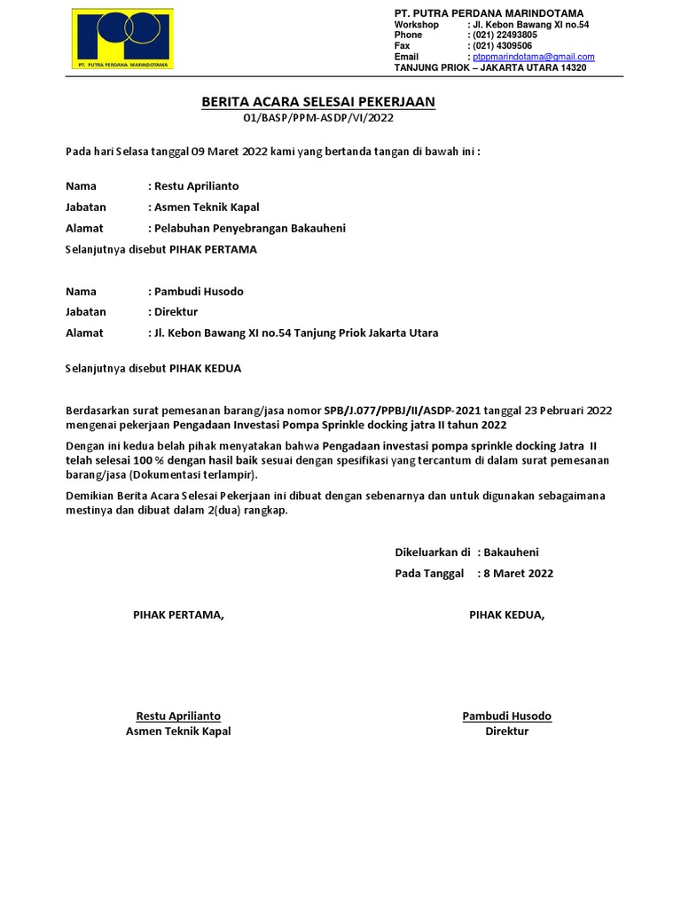 BA Selesai Dan Serah Terima Pekerjaan Pompa Sprinkle | PDF