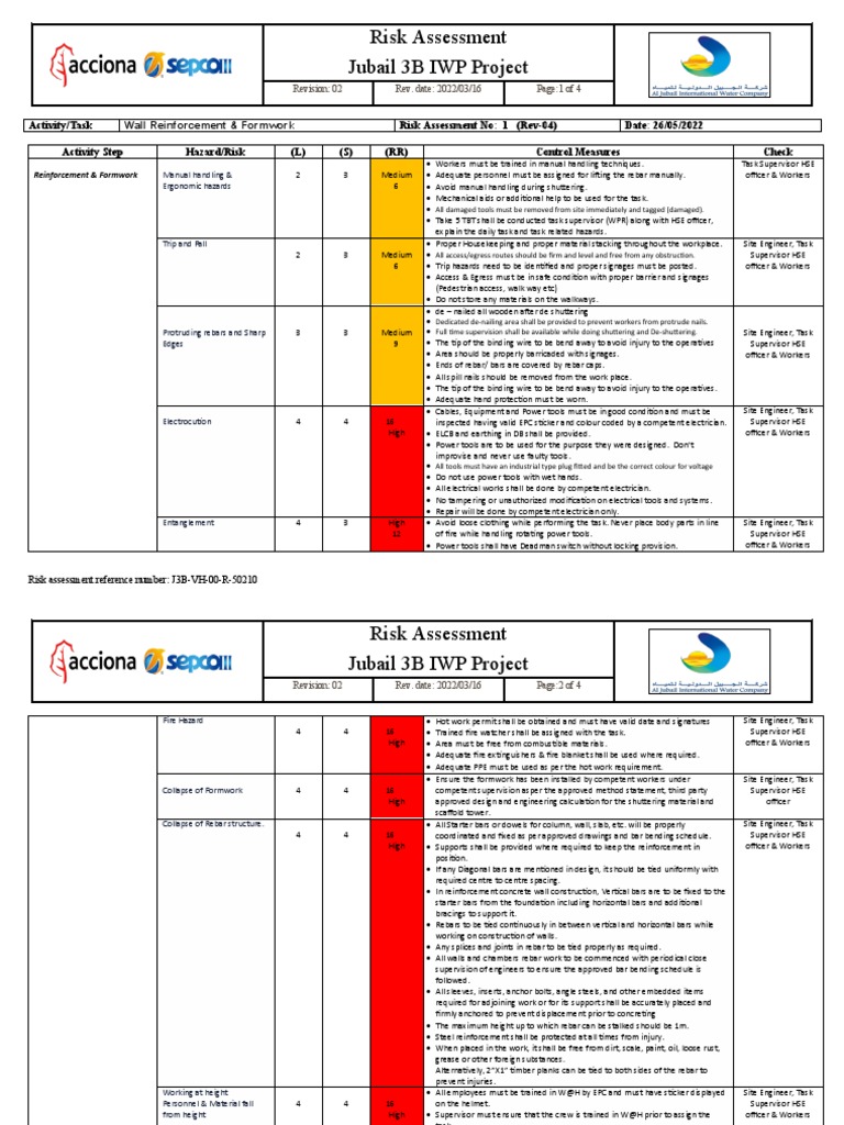 Risk Assessment - Wall Reinforcement and Formwork | PDF | Electrician | Scaffolding