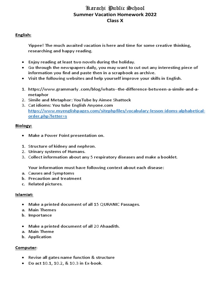 Summer Vacation Homework 2022 Class 10 | PDF