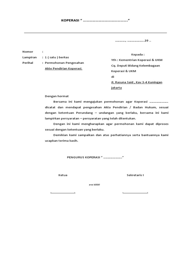 Form Mendirikan Koperasi Contoh Blangko.. Pengajuan Pendirian Koperasi ...