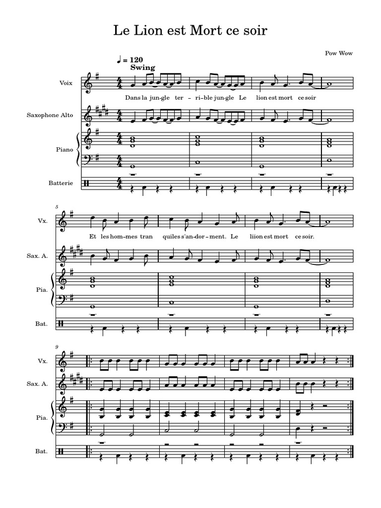 Partition Piano : Le Lion est Mort | PDF