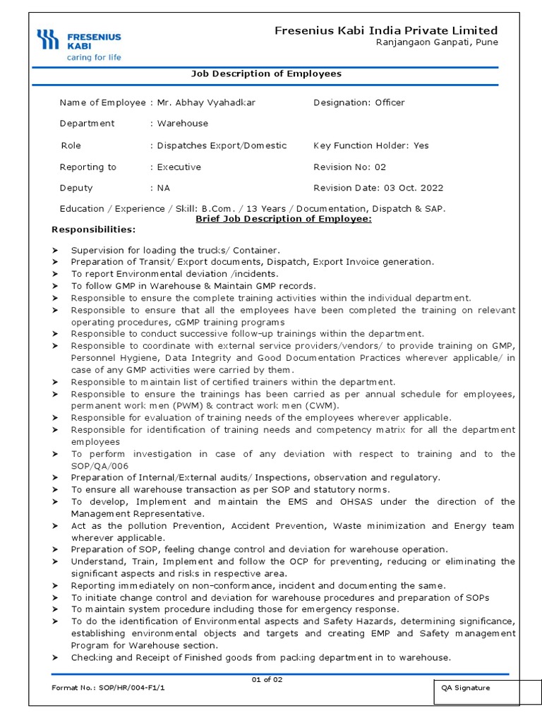 Warehouse Officer Job Description | PDF | Warehouse | Safety