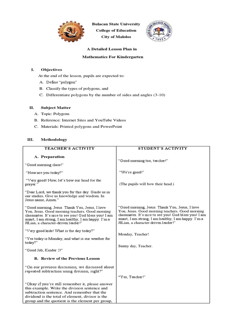 Kindergarten Lesson Plan on Polygons | PDF | Polygon | Elementary Geometry