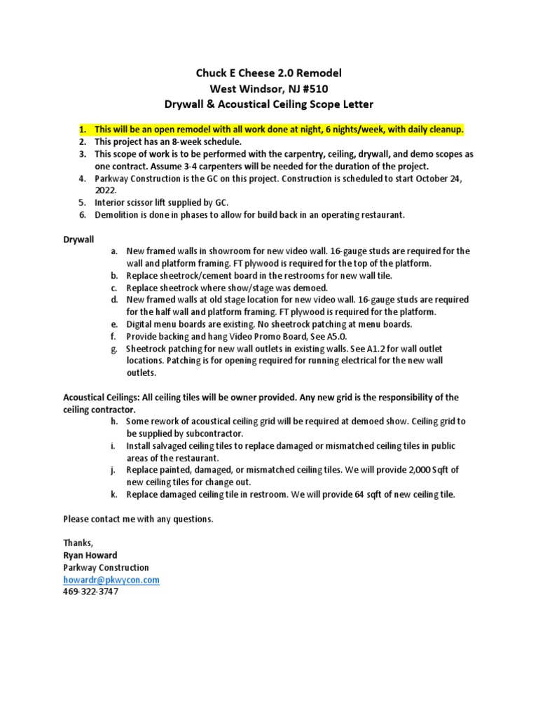Drywall & Acoustical Ceiling Scope Letter Chuck E Cheese | PDF