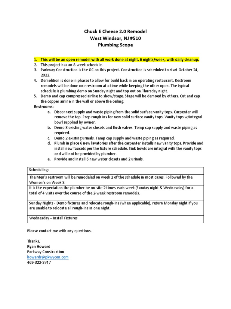Plumbing Scope Letter Chuck E Cheese | PDF | Home & Garden