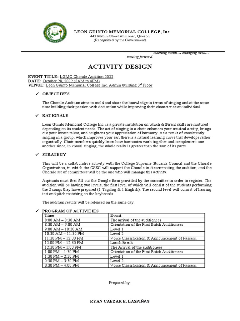 Chorale Audition Activity Design 2022 | PDF | Audition | Singing