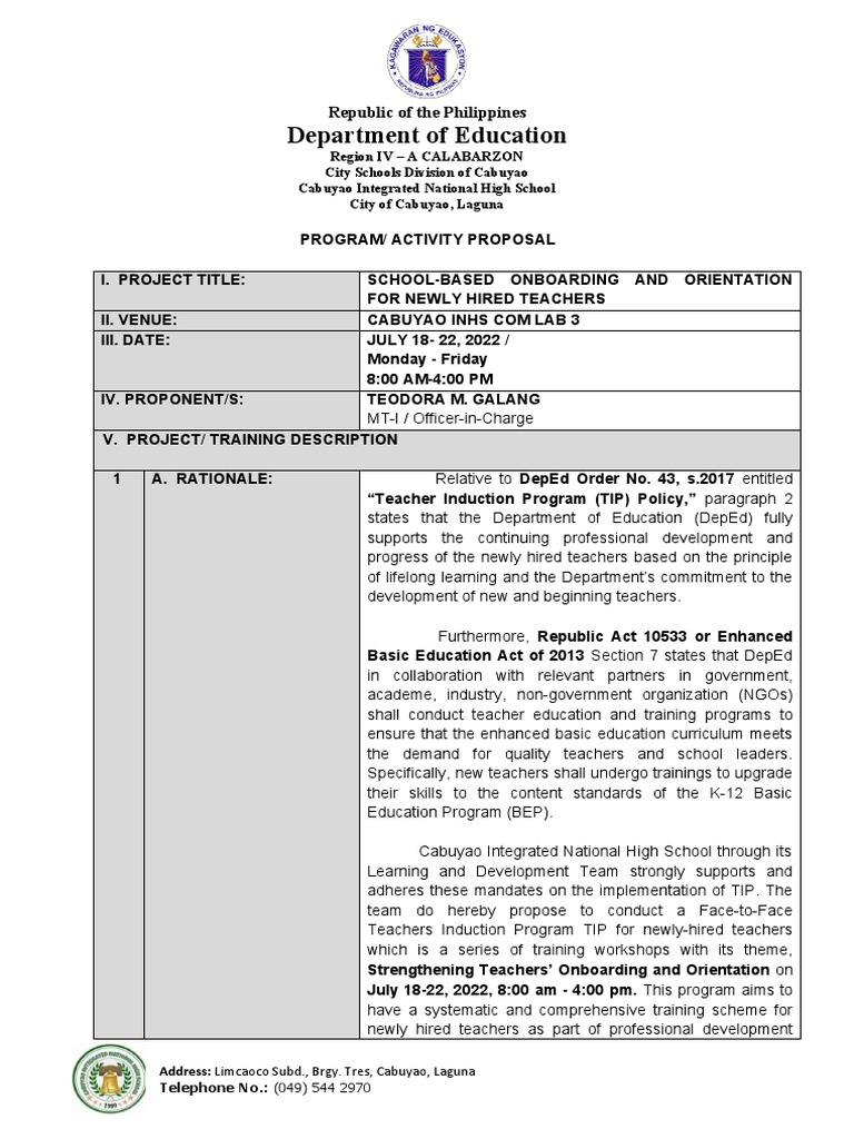 Cinhs Proposal School Based Onboarding and Orientation For Newly Hired ...