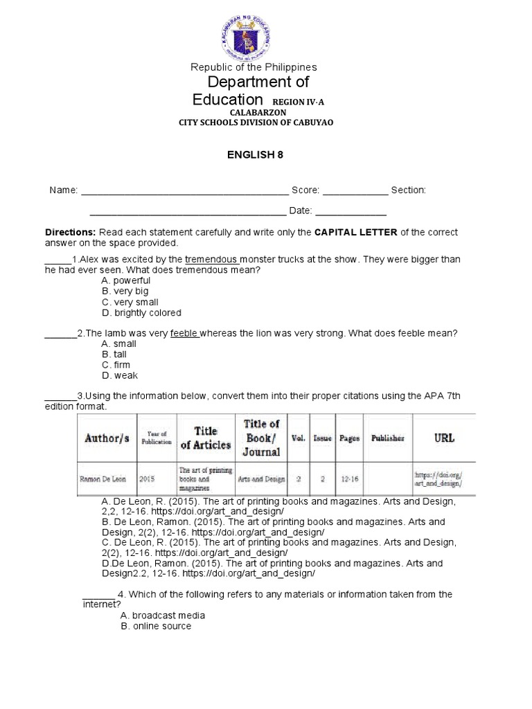 English 8 Diagnostic Test | PDF | Verb | Adverb