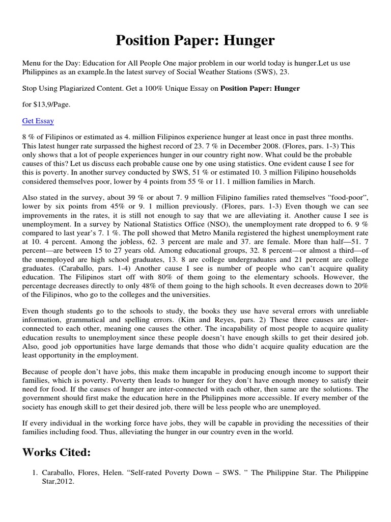 Position Paper Hunger | PDF | Unemployment | Hunger