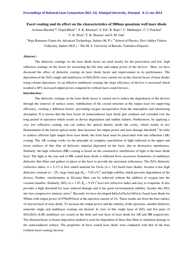 Facet Coating and Its Effect On The Characteristics of 980nm Quantum ...