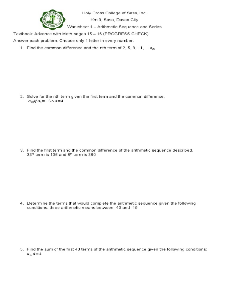 Worksheet 1 - Arithmetic Sequence and Series | PDF | Teaching Methods & Materials
