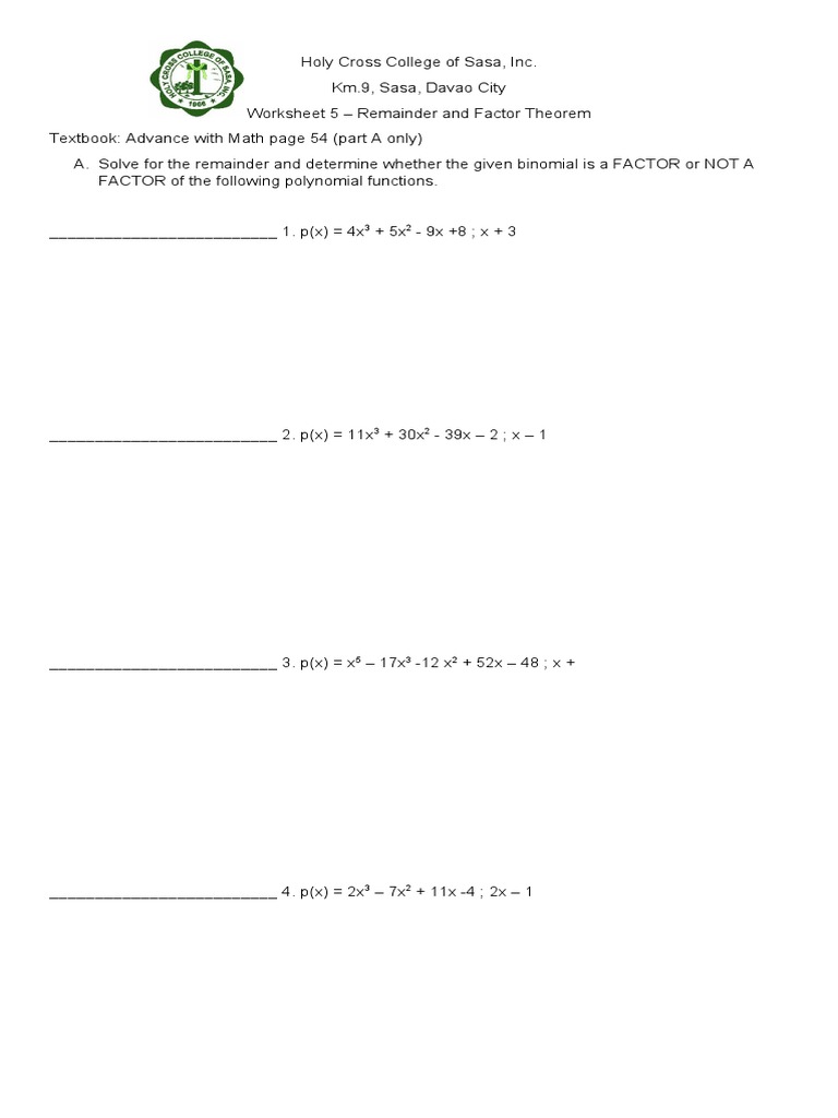 Worksheet 5 - Remainder and Factor Theorem | PDF | Science ...
