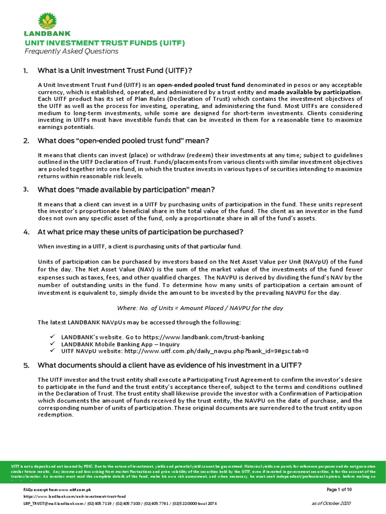 LBP UITF FAQs - As of October 2020 FINAL | PDF | Investment Fund | Investing