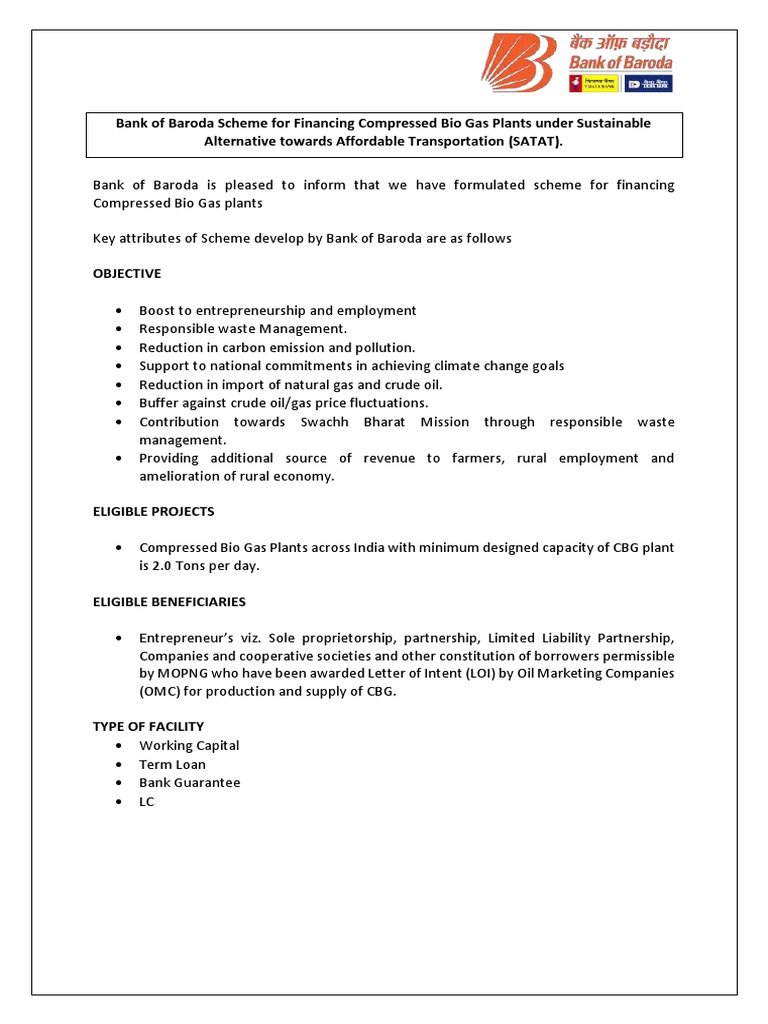 Bank of Baroda Scheme For Financing CBG Plants | PDF | Biogas | Banks