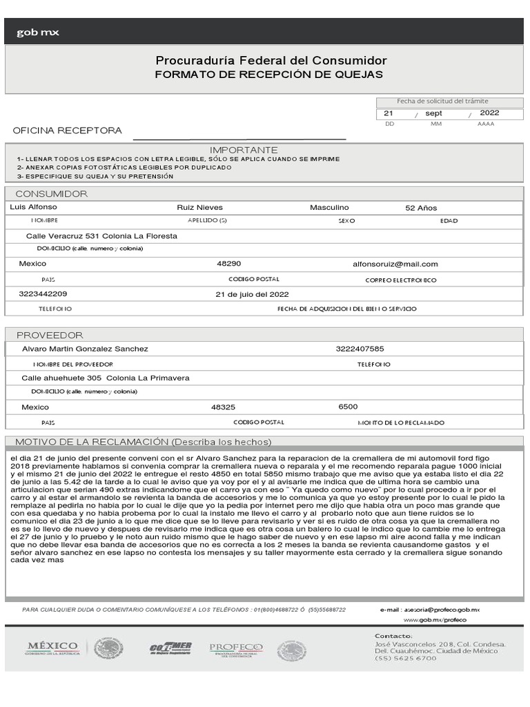 PROFECO Formato - de - Recepcion - de - Quejas | PDF