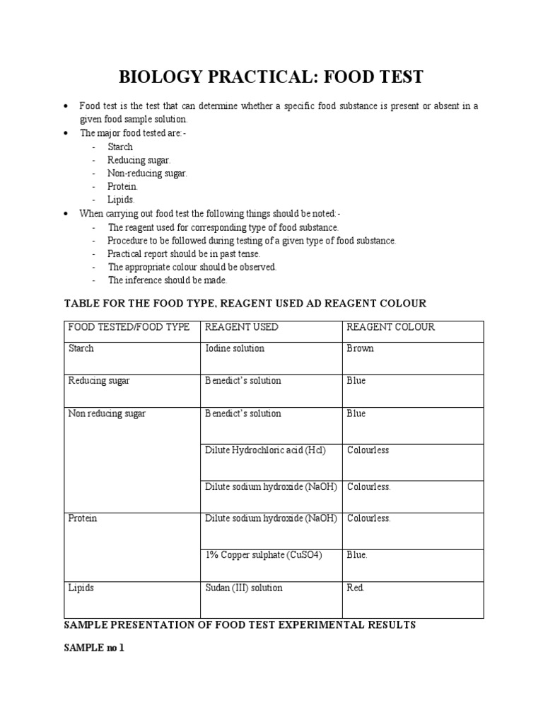 Biology Practical - Food Test-1 | PDF | Digestion | Diet & Nutrition