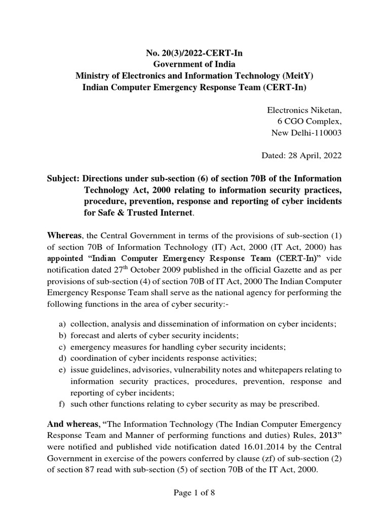 CERT-In Directions 70B 28.04.2022 | PDF | Malware | Denial Of Service ...